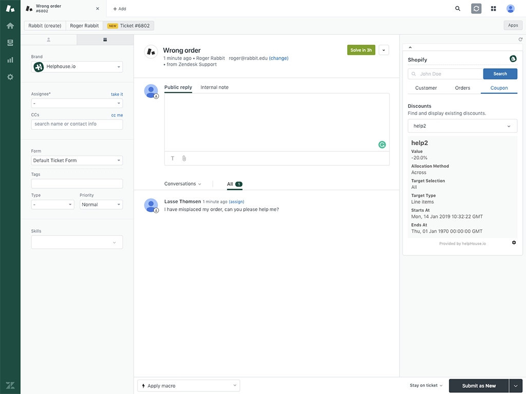 Shopify by helphouse.io App Integration with Zendesk Support